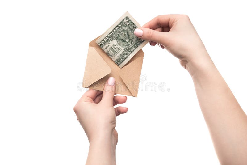 Ett Kuvert Med Pengar I Handen Som Isoleras Fotografering för ...