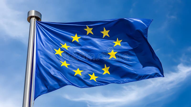 EU Flag Blowing in the Wind on a Flagpole Stock Illustration ...