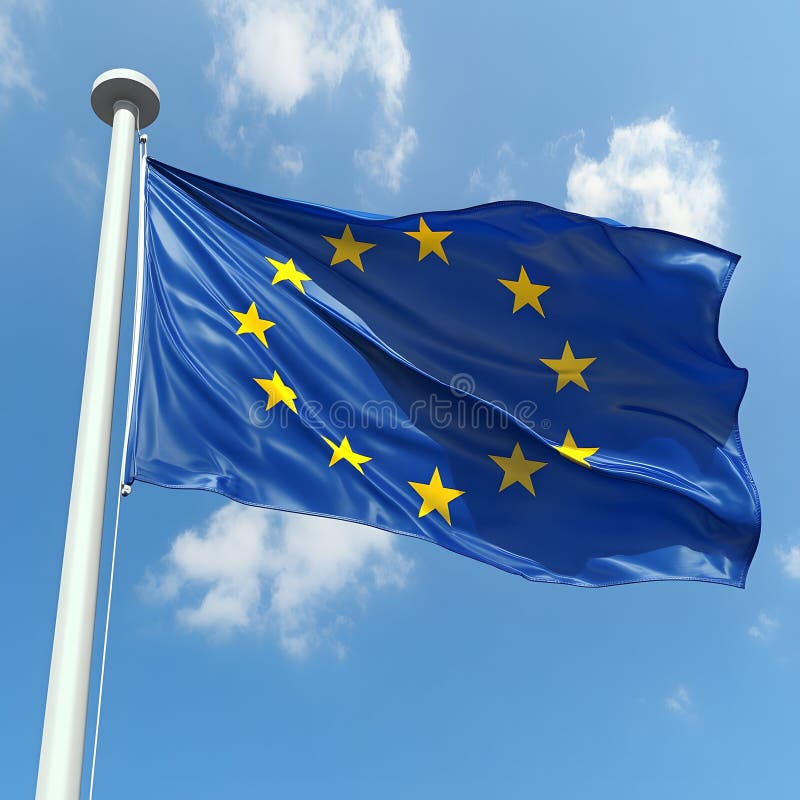 EU Flag Blowing in the Wind on a Flagpole Stock Illustration ...