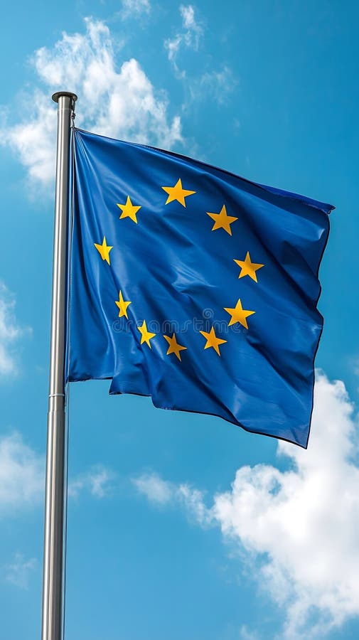 EU Flag Blowing in the Wind on a Flagpole Stock Illustration ...