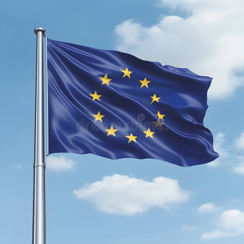 EU Flag Blowing in the Wind on a Flagpole Stock Illustration ...
