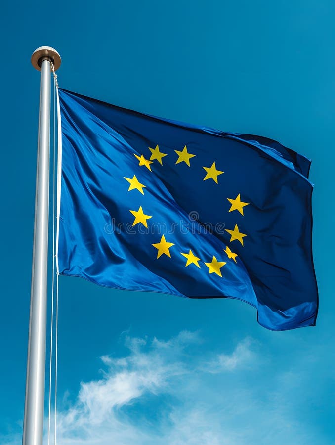 EU Flag Blowing in the Wind on a Flagpole Stock Illustration ...