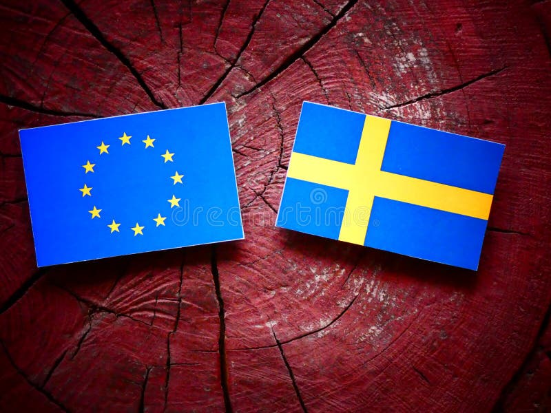 EU Flag with Swedish Flag on a Tree Stump Stock Photo - Image of ...