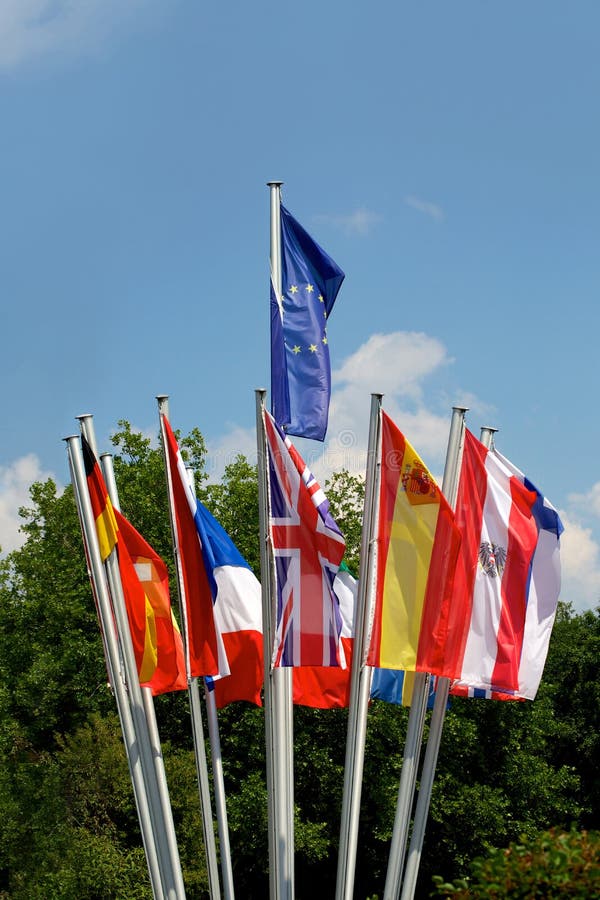 EU Flags of Different Eurozone Countries on Blue Sky Stock Photo ...