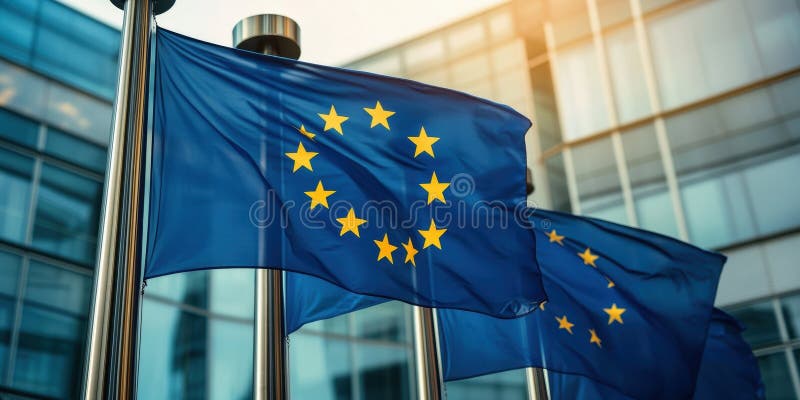 EU Flags Fluttering Proudly in Front of a Prominent Building. Stock ...