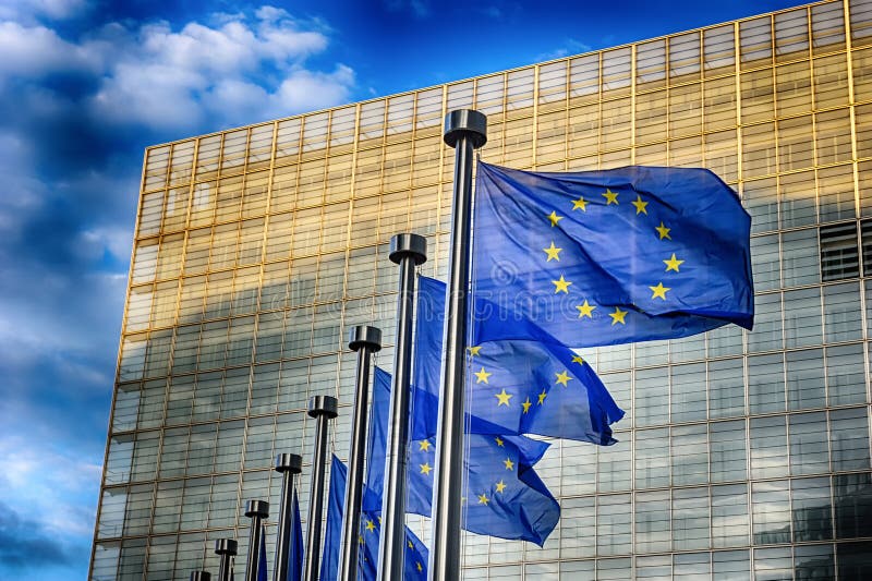 EU Flags in Front of European Commission Building Stock Photo - Image ...