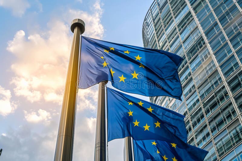 EU Flags in Front of a Glass Building Stock Image - Image of brussels ...