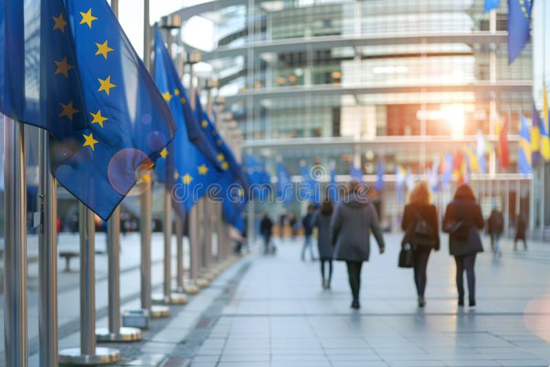 EU Flags at Modern Office Building with People Stock Illustration ...