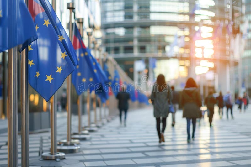 EU Flags at Modern Office Building with People Stock Photo - Image of ...