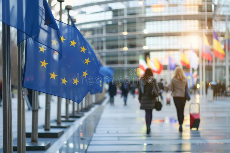 EU Flags at Modern Office Building with People Stock Image - Image of ...
