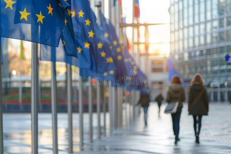 EU Flags at Modern Office Building with People Stock Image - Image of ...