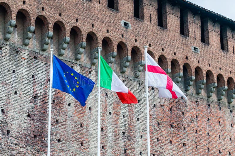 EU, Italian and Milan Flags at Sforza Castle in Milan, Italy. Stock ...