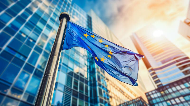 EU National Flag and Government Building with Skyscrapers Stock ...