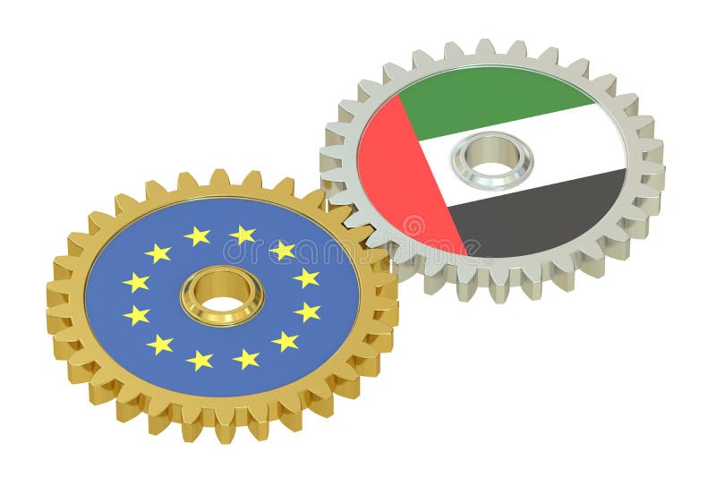EU and UAE Relations Concept, Flags on a Gears. 3D Rendering Stock ...