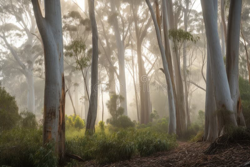 Eucalyptus Forest with Misty Morning Light Stock Illustration ...