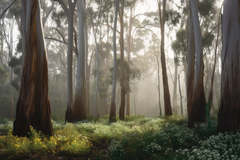 Eucalyptus Forest with Misty Morning Light Stock Illustration ...