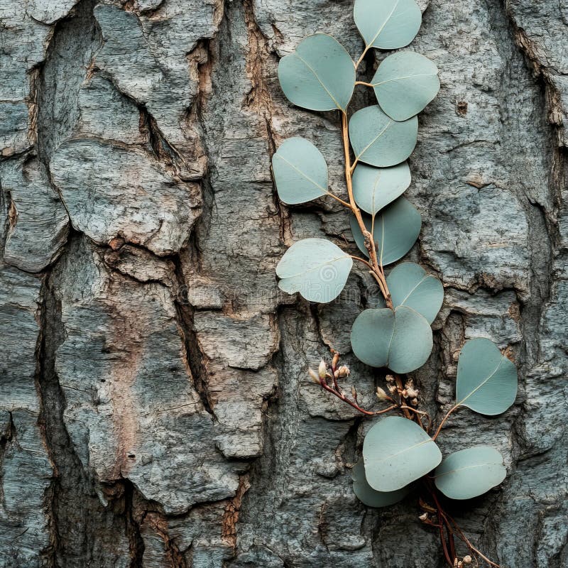 Eucalyptus Leaves on the Bark of an Old Tree Stock Illustration - Illustration of forest, green ...