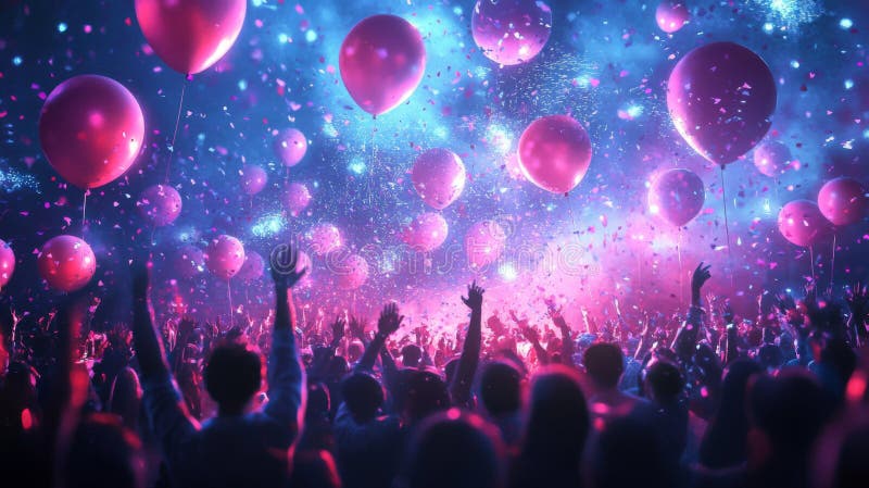 Euphoric Crowd at Vibrant Night Concert with Pink Balloons Stock ...