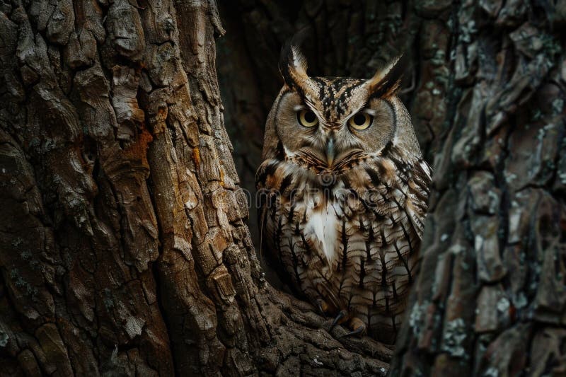 Eurasian Eagle-owl Blends Seamlessly with Tree Bark, Displaying Its ...