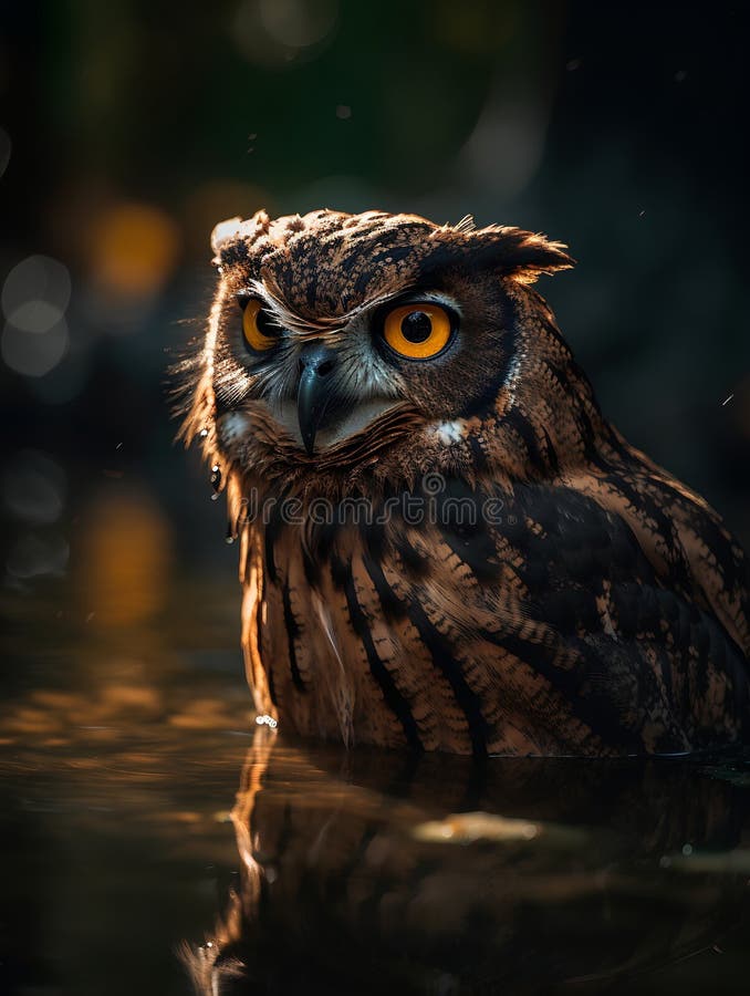 Eurasian Eagle Owl, Bubo Bubo, Portrait in Water. Stock Illustration ...