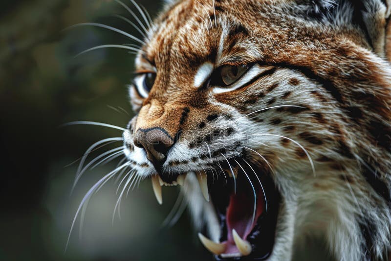 Eurasian Lynx Baring Teeth Showing Canine Teeth Close Up Stock Photo ...