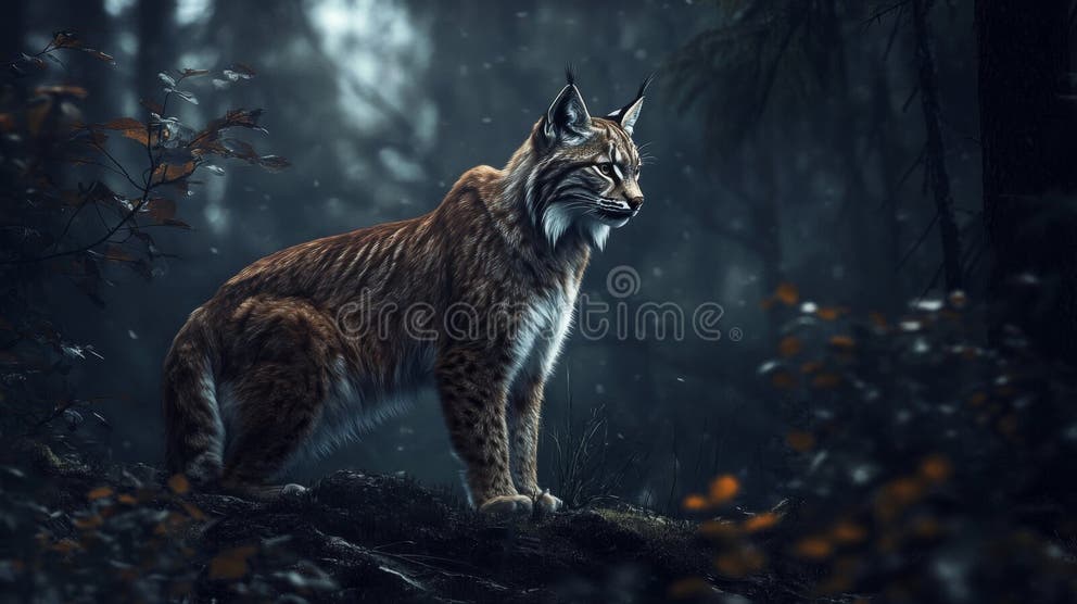 Eurasian Lynx in Dark Forest at Night Stock Illustration - Illustration ...