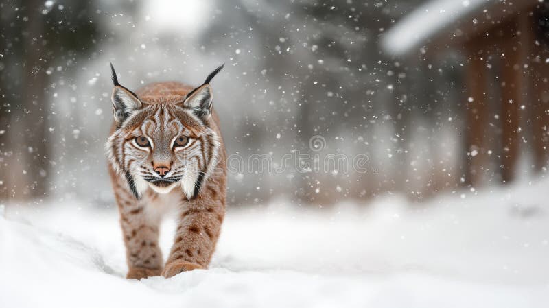 Eurasian Lynx Walking in the Snow Stock Illustration - Illustration of ...