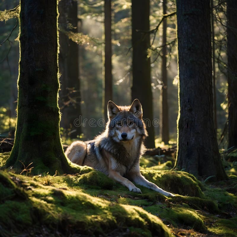 Eurasian Wolf Resting Peacefully in an Ancient Forest Bathed in ...