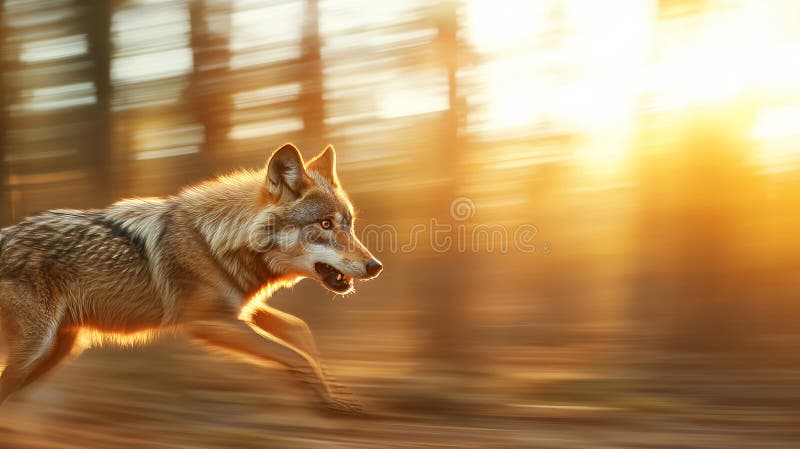 Eurasian Wolf Running in a Forest at Sunset, Creating a Motion Blur ...