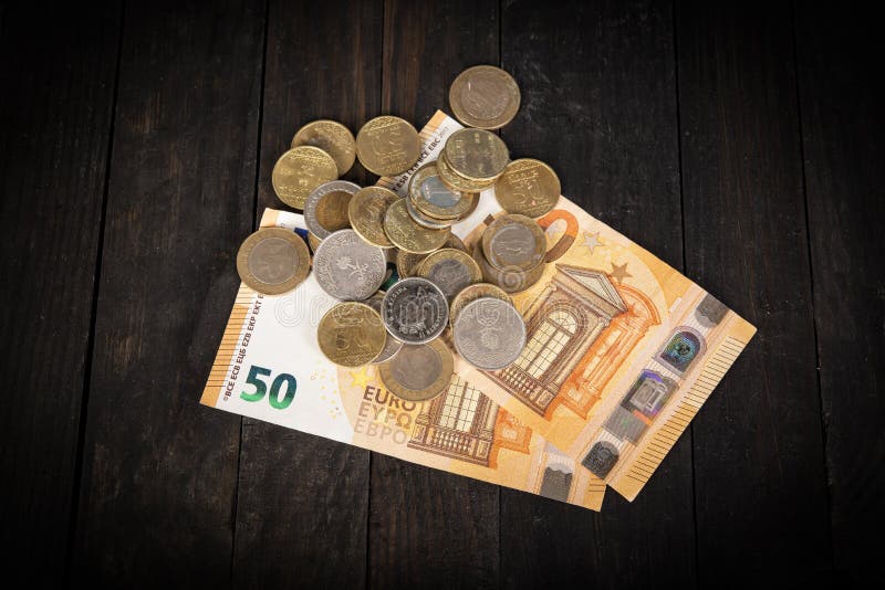Euro Bank Notes with Coins on Table Top - Business Concept Stock Image ...