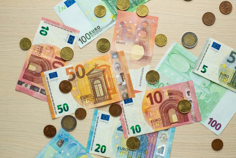 Euro Bank Notes and Coins on the Table Stock Photo - Image of currency ...