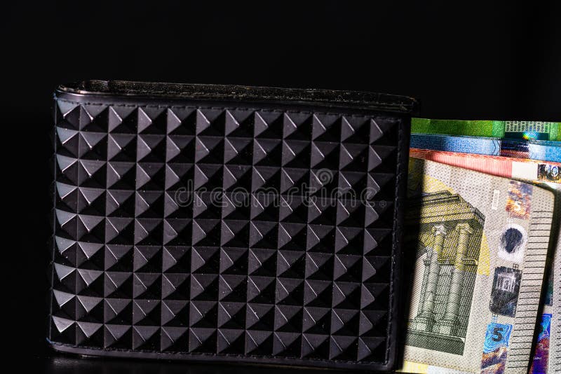 Euro Banknotes in Black Wallet Isolated Stock Photo - Image of note ...