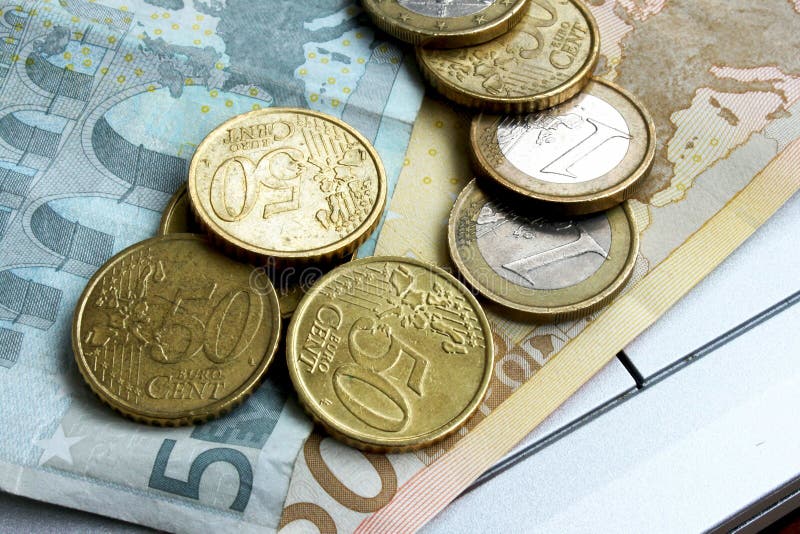 Euro banknotes and coins stock image. Image of economy - 26726097