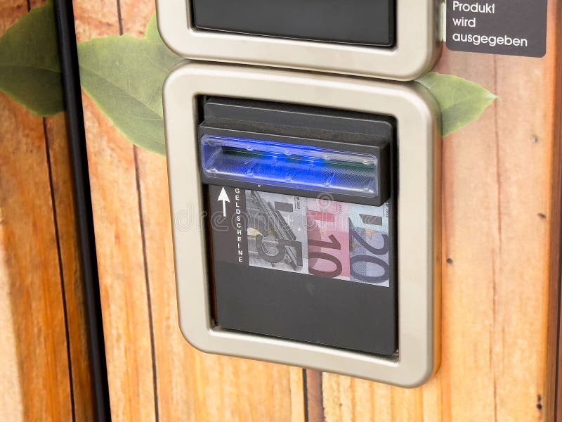 Euro Bill Inserted in Vending Machine with Wooden Panel Design ...