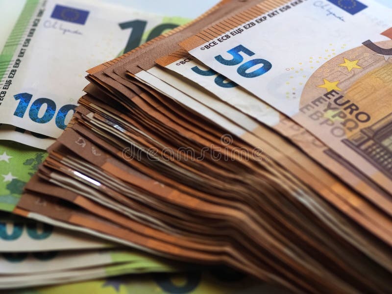 Euro Bills or Banknotes 100 and 50 Euros Stock Photo - Image of bench ...