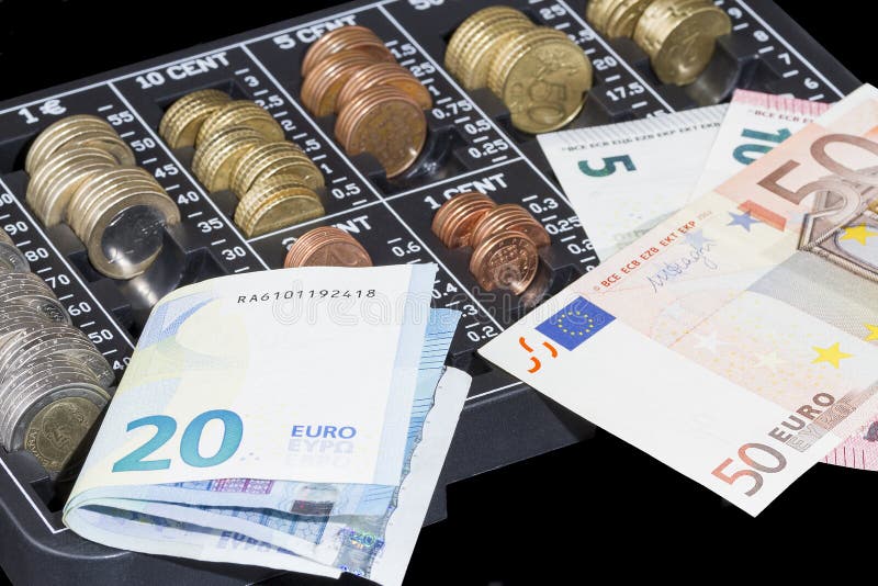 Euro Bills and Euro Coins Organizer Stock Photo - Image of capital ...