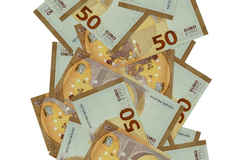 50 Euro Bills Flying Down Isolated on White. Many Banknotes Falling ...