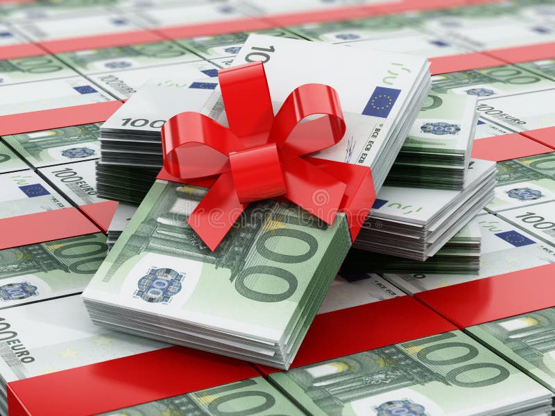 100 Euro Bills with Red Ribbon Standing on Money Stack. 3D Illustration ...