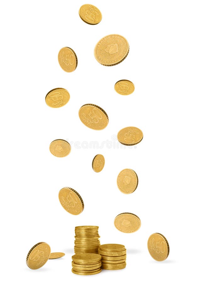 Euro Cent Coins Falling into Stacked on White Background Stock Image ...