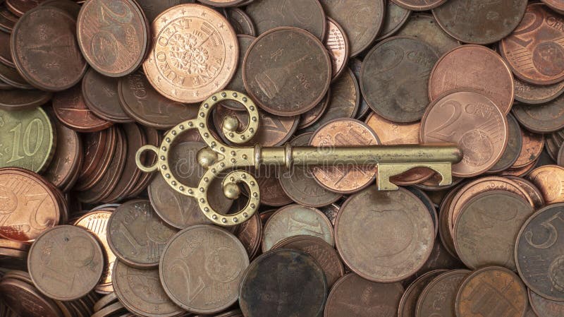Euro Cents with an Ancient Key. Money Opens Many Doors Stock Image ...