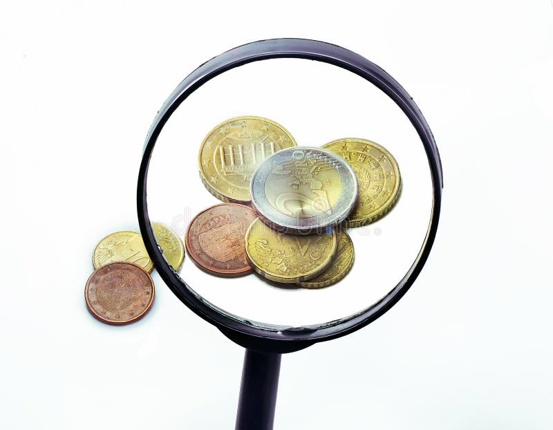 Euro Coins through a Magnifying Glass Stock Photo - Image of coin ...