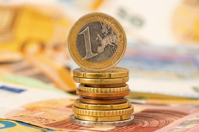 Euro Coins Stack and Bills of Euro Banknotes Stock Photo - Image of ...