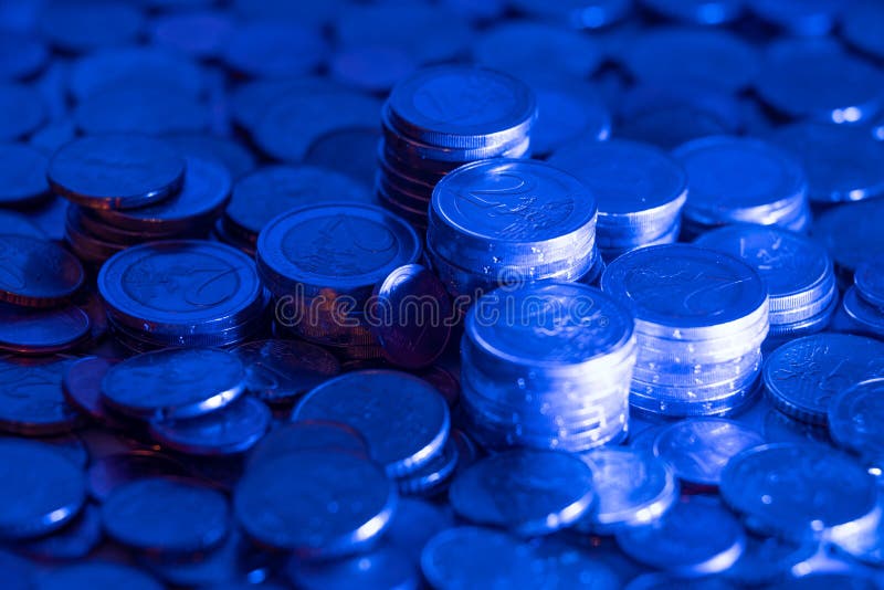 Euro Coins Under Blue Light in the Dark Stock Photo - Image of cash ...