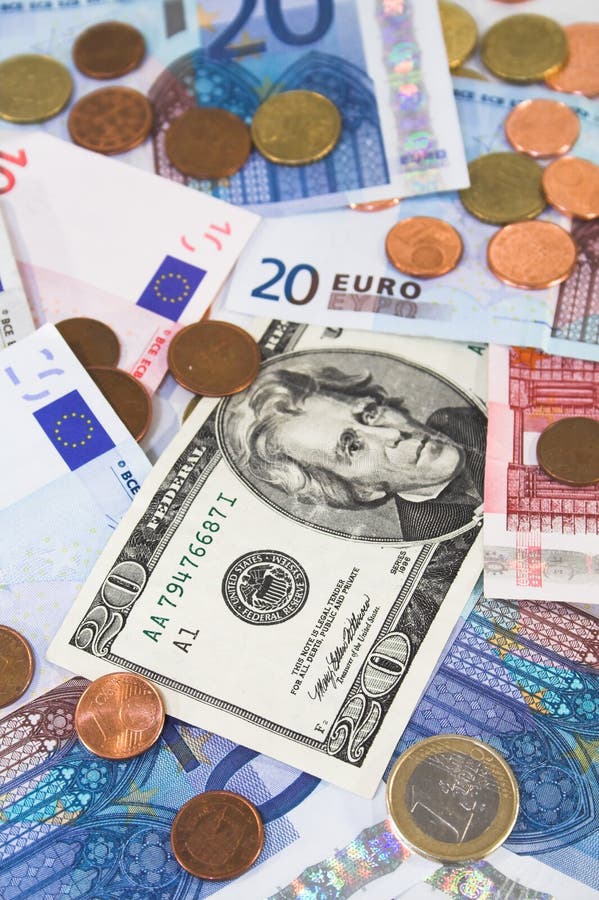 Euro and Dollar Bills and Coins Stock Image - Image of financial ...