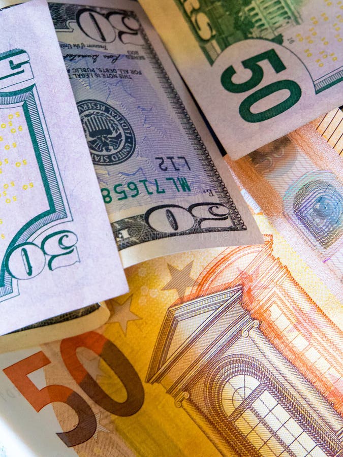 Euro and Dollar Bills. a 50 Euro Note and a 50 Dollar Bill, Both ...