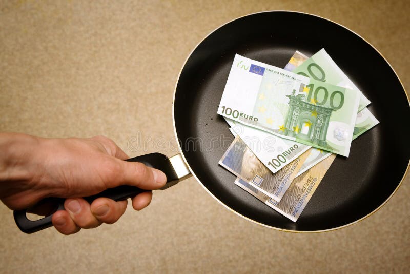 Frying Pan with Euro Bills Isolated Stock Photo - Image of paper ...