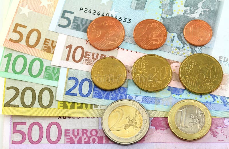 Euro notes and coins stock image. Image of cash, pile - 26911009