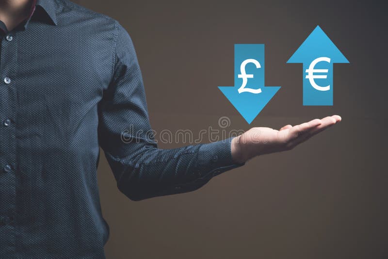 Euro and Pound in Up and Down Arrows. Man Holding in His Hand Stock ...