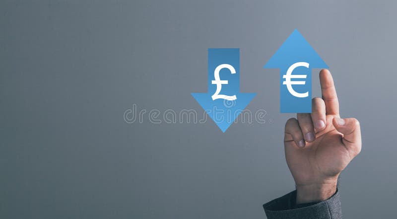 Euro and Pound in Up and Down Arrows. Man Tapping on the Screen Stock ...