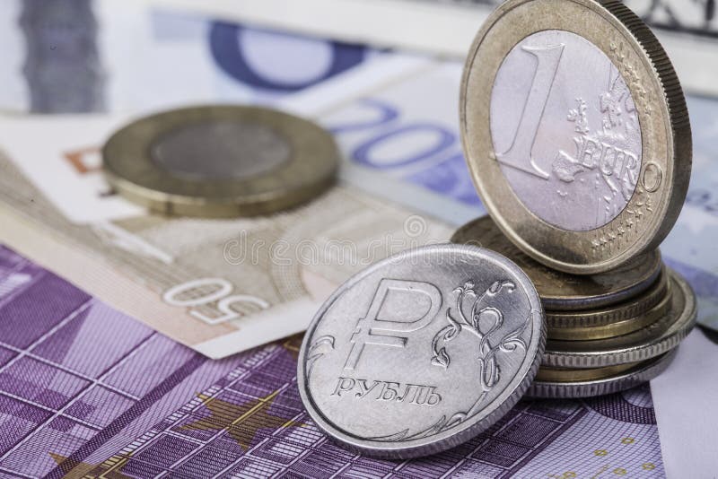 Euro and Ruble Coins on European Banknotes Stock Image - Image of cash ...